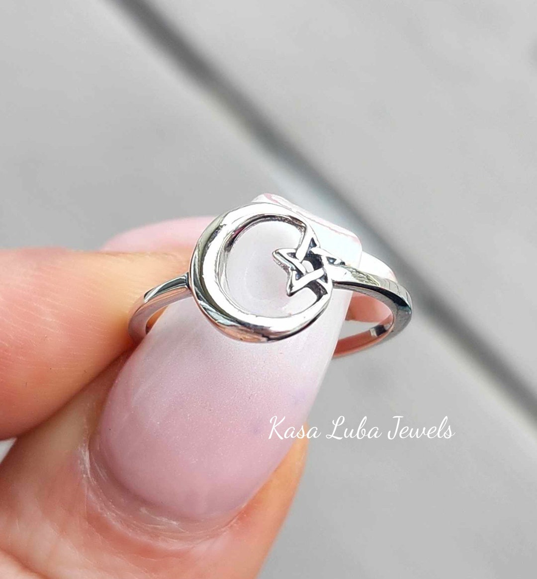 Star and moon silver ring, sterling silver simple ring 925 pentacle pentagram - Etsy.de