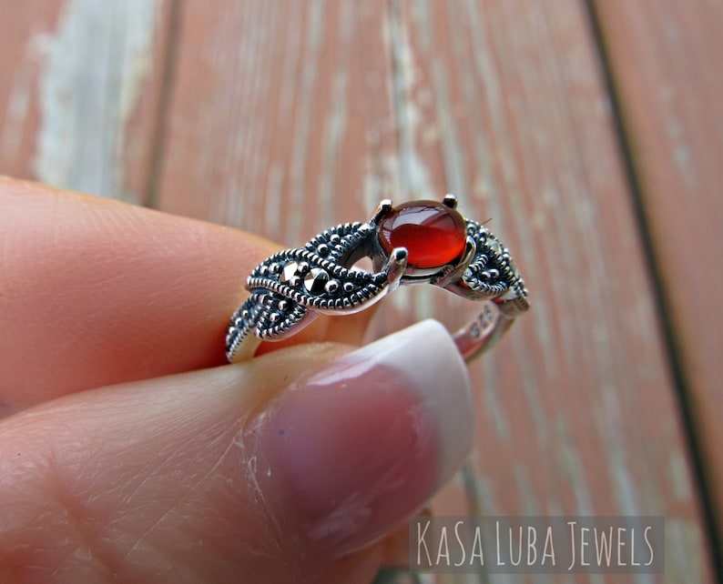 Silver Red Agate Marcasite Ring Sterling Silver January | Etsy