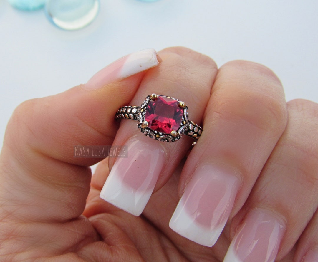 Red - NOT Pink- More Red - CZ Sterling Silver Ring - Antique Inspired ...