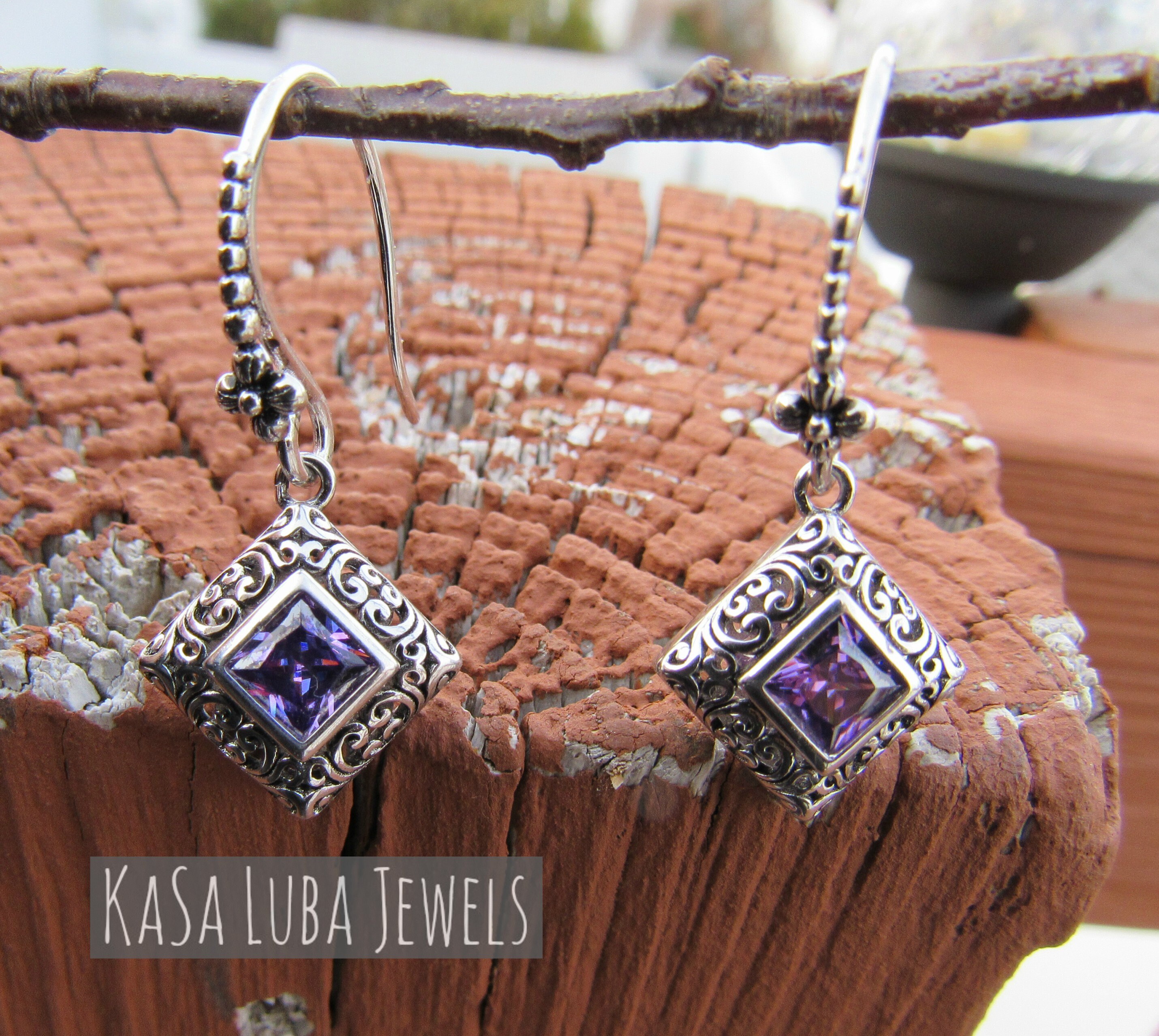 Square Cut Amethyst CZ Earrings - February Birthstone- SOLID Sterling ...