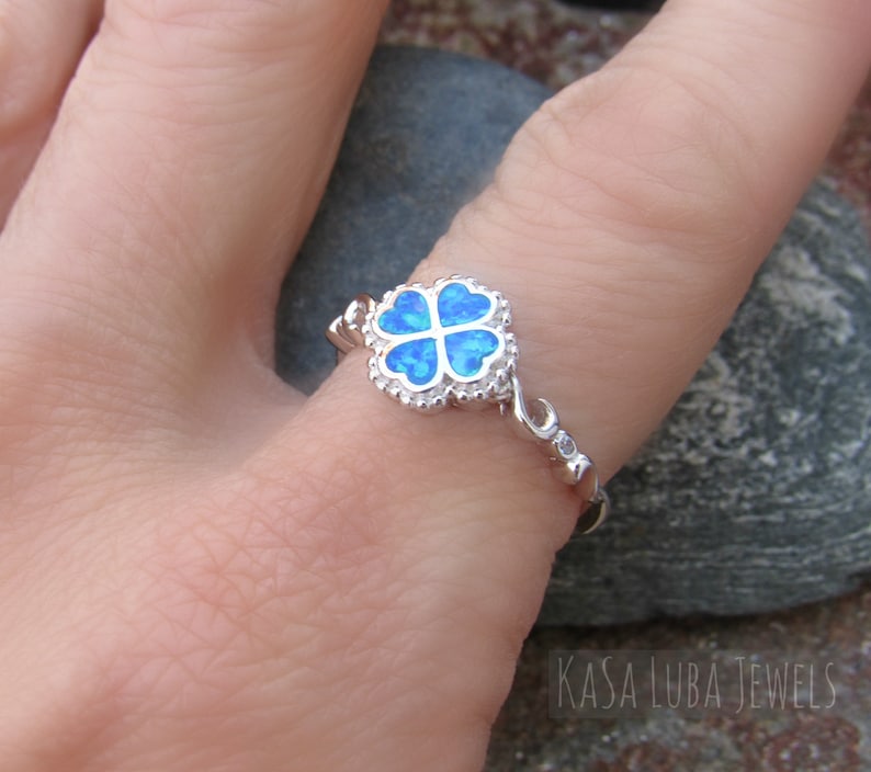 Sterling Silver Blue Opal Clover Ring - Irish Shamrock Jewelry - Etsy