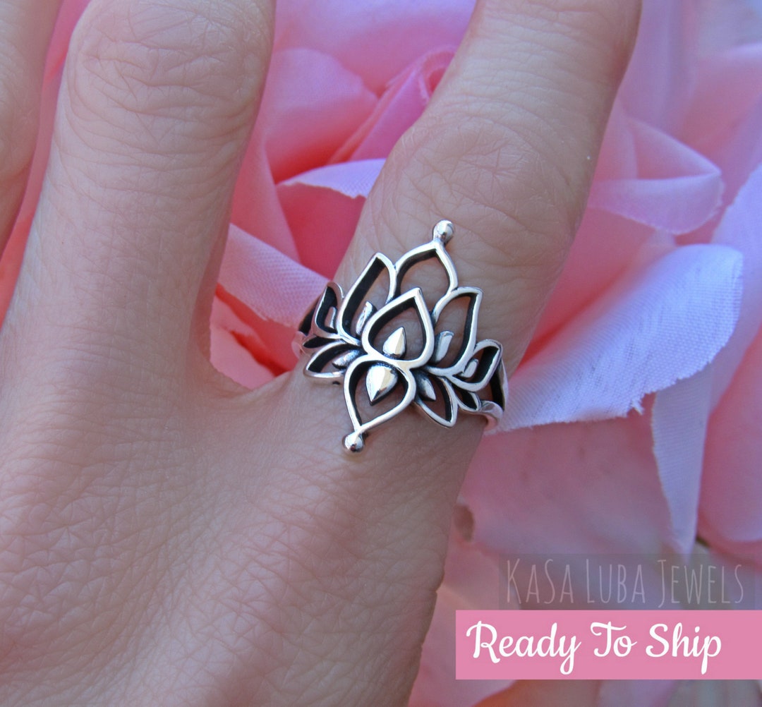 Sterling Silver Lotus Ring Solid Silver Oxidized Lotus - Etsy