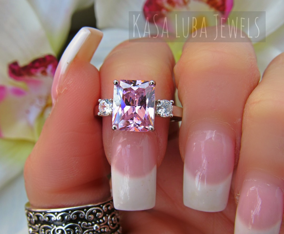 Pink Emerald Cut CZ Sterling Silver Ring: Statement Promise Ring - Etsy