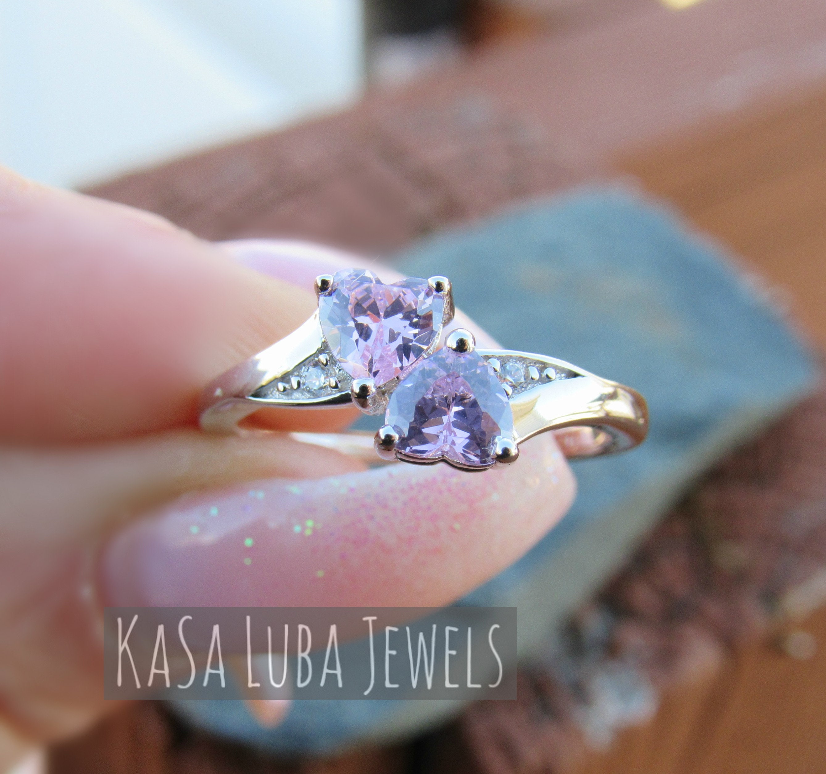 Double Hearts ring Pink clear CZ cubic zirconia Promise ring heart rings 925 silver Etsy