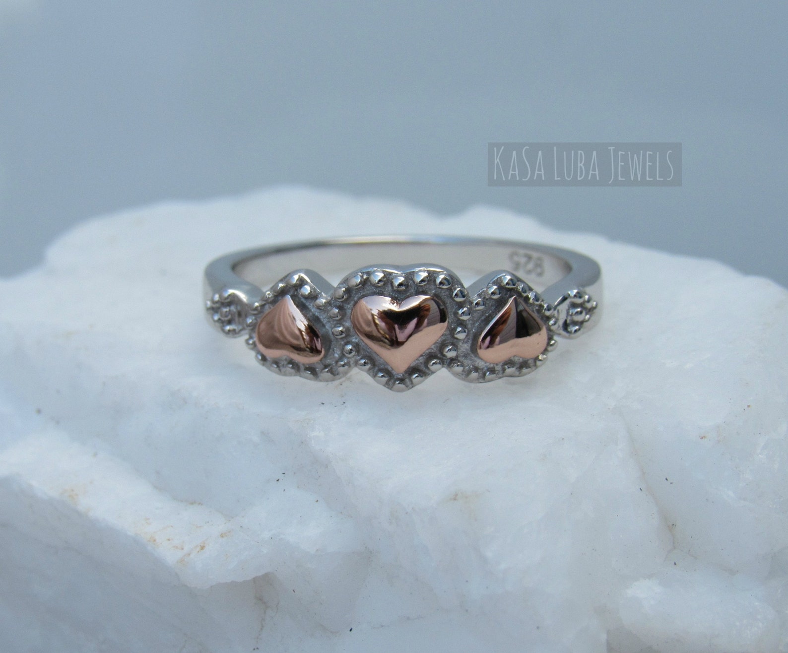 Rose Gold Heart Silver Ring Solid Sterling Silver Womens - Etsy