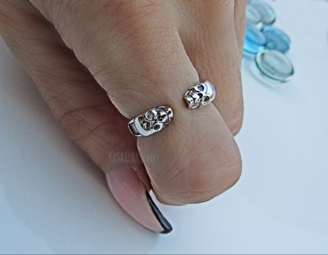 Sterling Silver Skull Ring - Adjustable - CZ - Womens Skull Rings ...