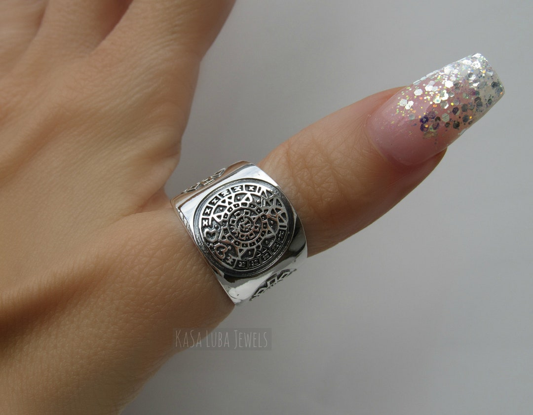 Silver Aztec Calendar Ring, Mexica Calendar Rings, Womens Statement ...
