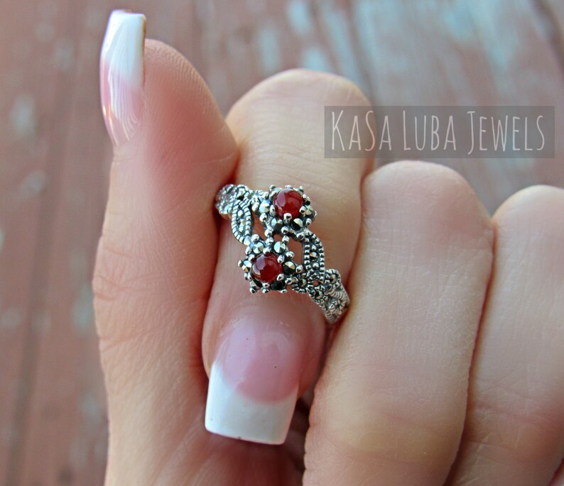 Red Agate Marcasite flower ring Womens handmade ring flower | Etsy