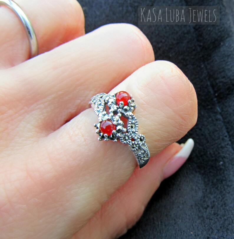 Red Agate Marcasite flower ring Womens handmade ring flower | Etsy