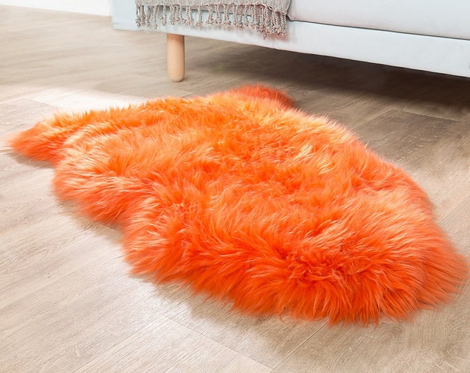 Genuine Sheepskin Rug Orange Sheepskin Rug Single Lamb Wool Fur Floor ...