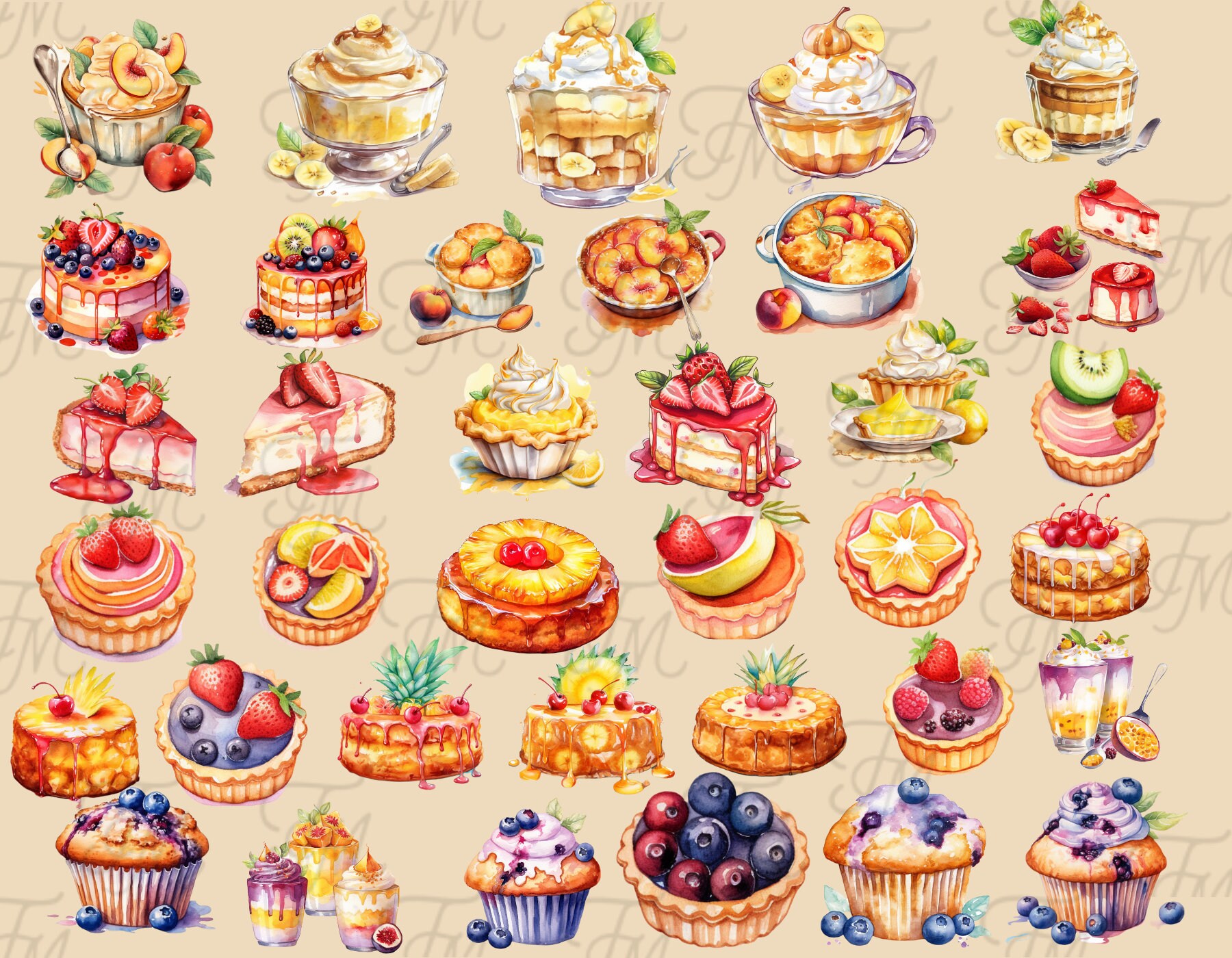 Watercolor Fruit Desserts Clipart, Fruit Dessert Invitation Design ...