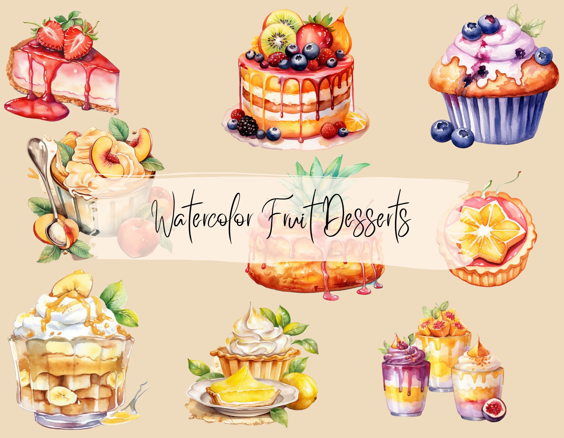 Watercolor Fruit Desserts Clipart, Fruit Dessert Invitation Design ...