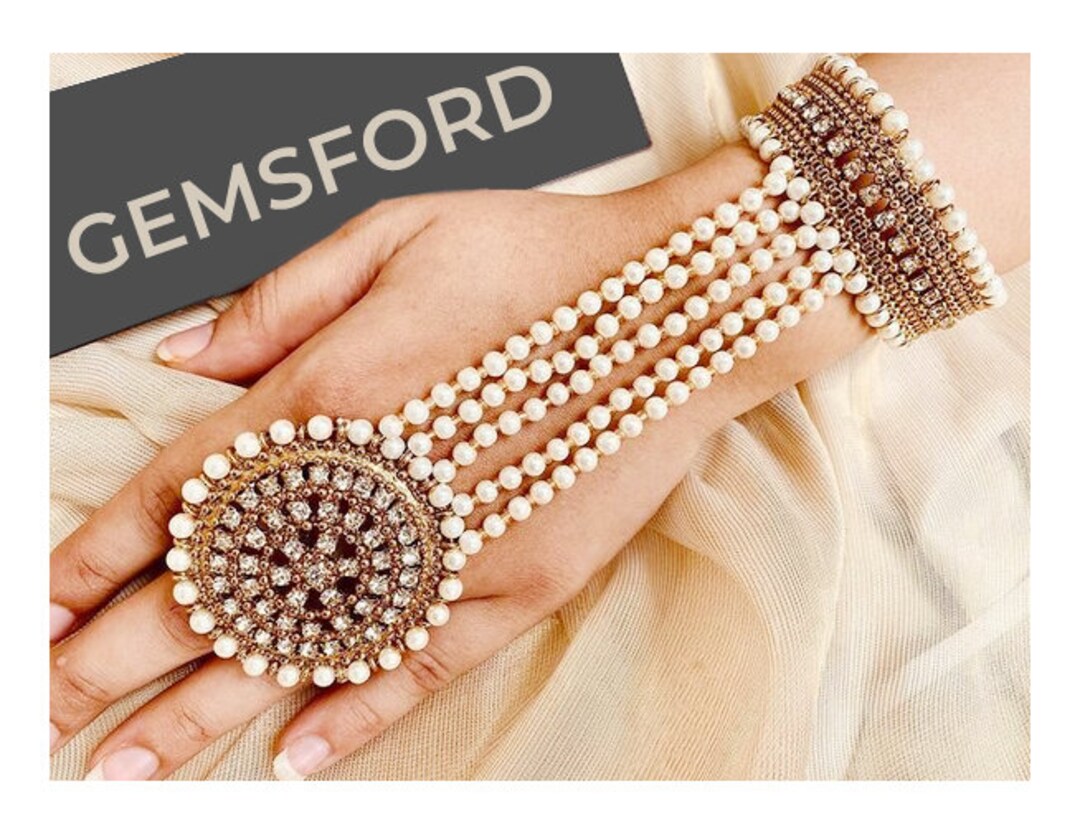 Indian Pakistani Hathphool, Gold Bridal Hand Piece Panja Adjustable ...