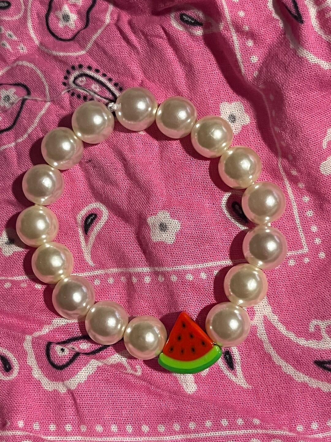 Coquette Large Cream Faux Pearl Kandi Bracelet With Watermelon Accent ...