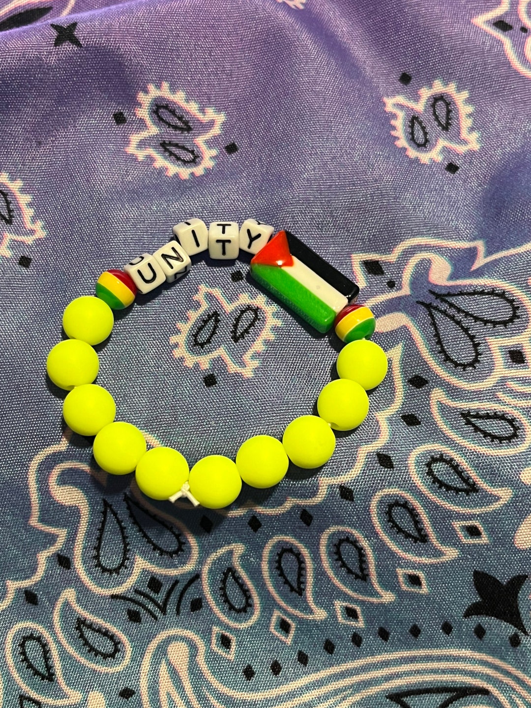Red, Gold, and Neon Yellow-green Matte Faux Pearls “UNITY” Palestine ...
