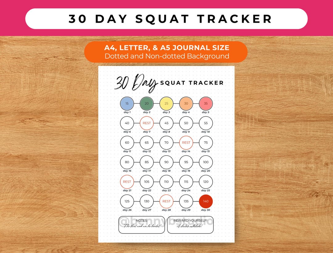 30 Day Squat Tracker - PRINTABLE Journal Page, Planner Page, Exercise ...
