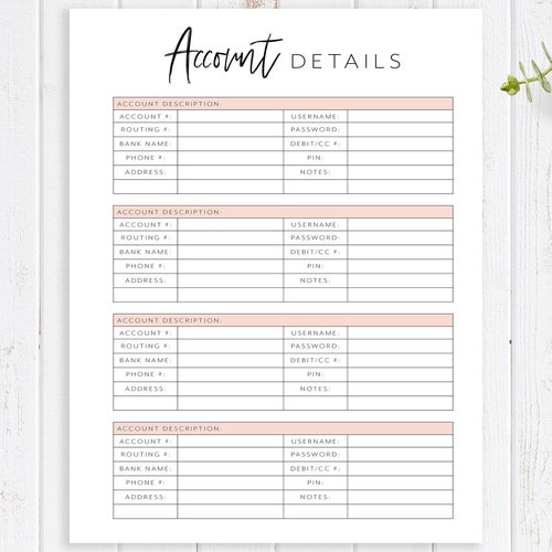 Account Details Printable Planner Page Finance Planner - Etsy