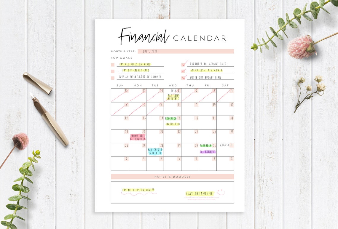 Financial Calendar Printable Planner Page Finance Planner | Etsy