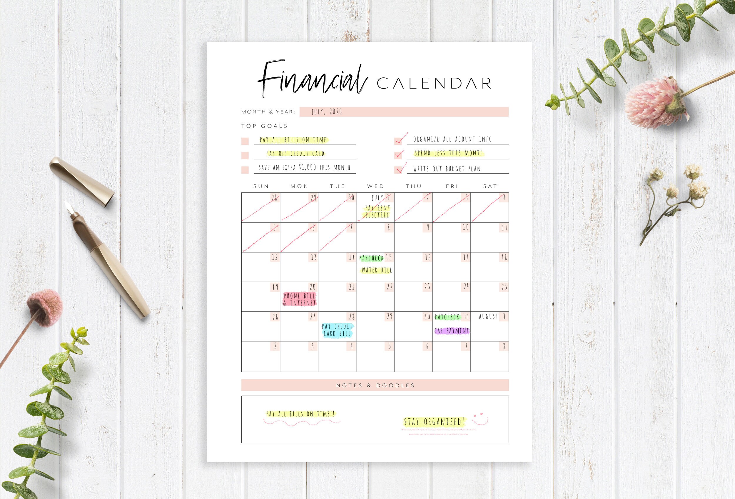 Financial Calendar Printable Planner Page Finance Planner - Etsy