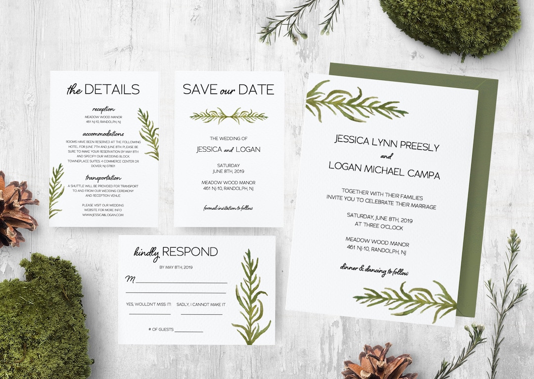 Greenery Wedding Invitation Set, Rustic Wedding Invitations, Greenery ...