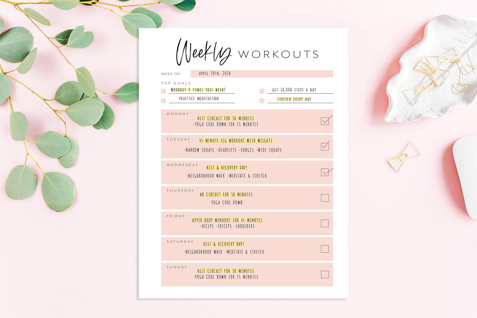 Weekly Workout Tracker Planner Page, Exercise Planner, Weekly Exercise ...
