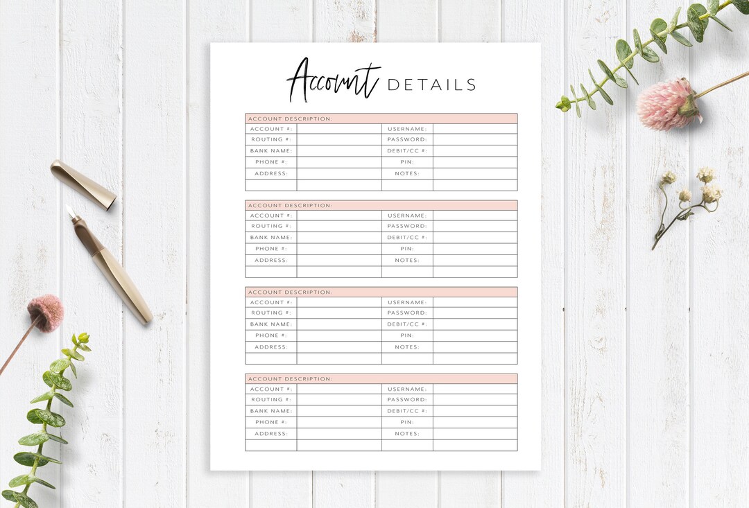 Account Details Printable Planner Page, Finance Planner, Password ...