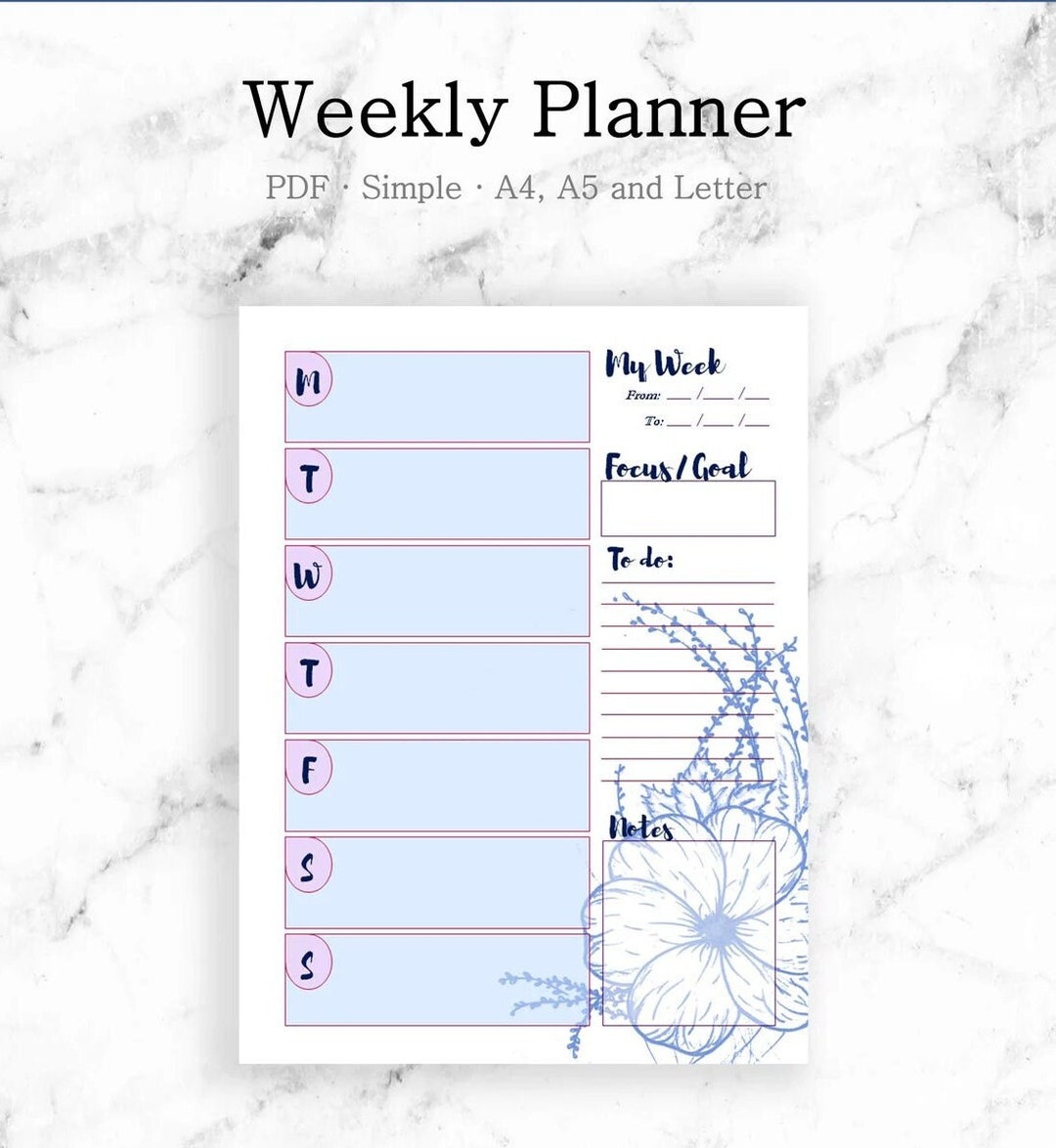 Weekly Planner Undated A4, US Letter A5 Printable Inserts Productivity ...