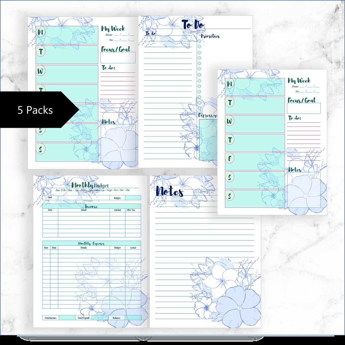 Blue FLORAL PRINTABLE Kit / Planner Insert Bundle/ Monthly Budget ...