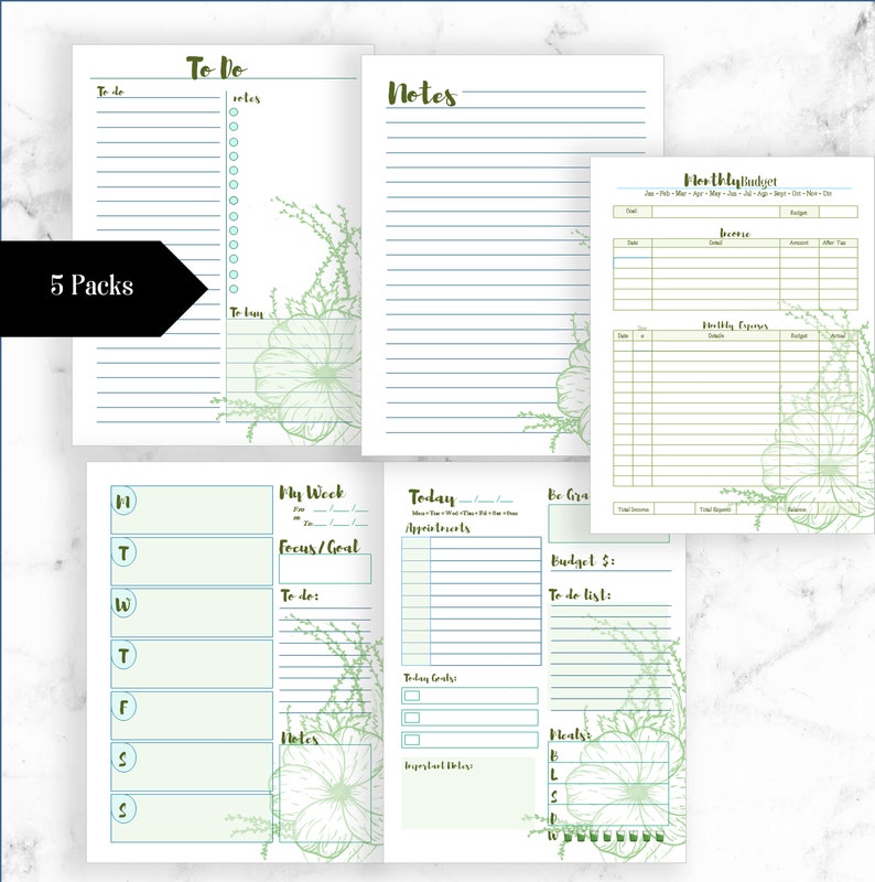 GREEN PRINTABLE Planner Insert Bundle/ Monthly Budget, Weekly Planner ...