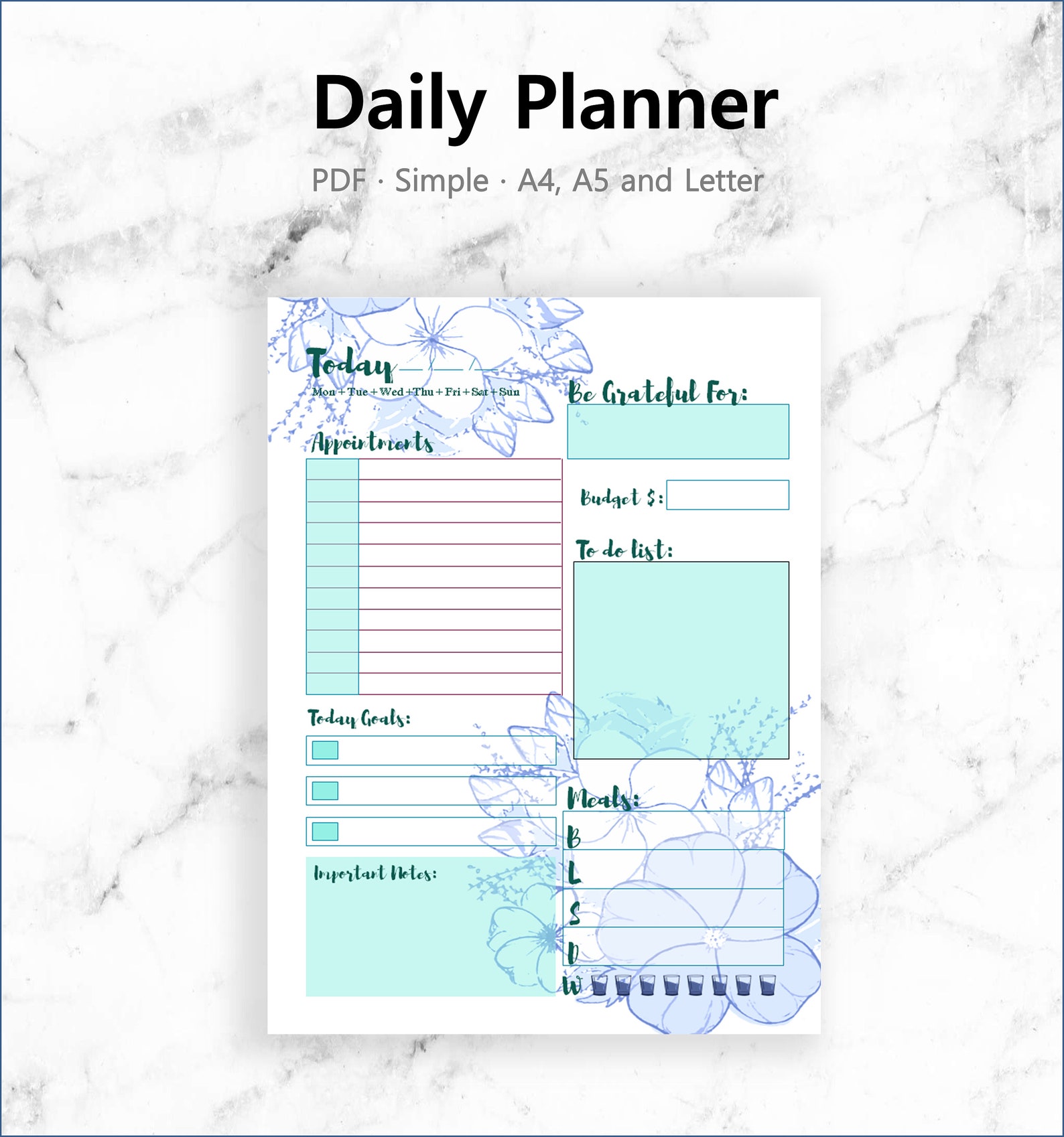 Blue FLORAL PRINTABLE Kit / Planner Insert Bundle/ Monthly Budget ...