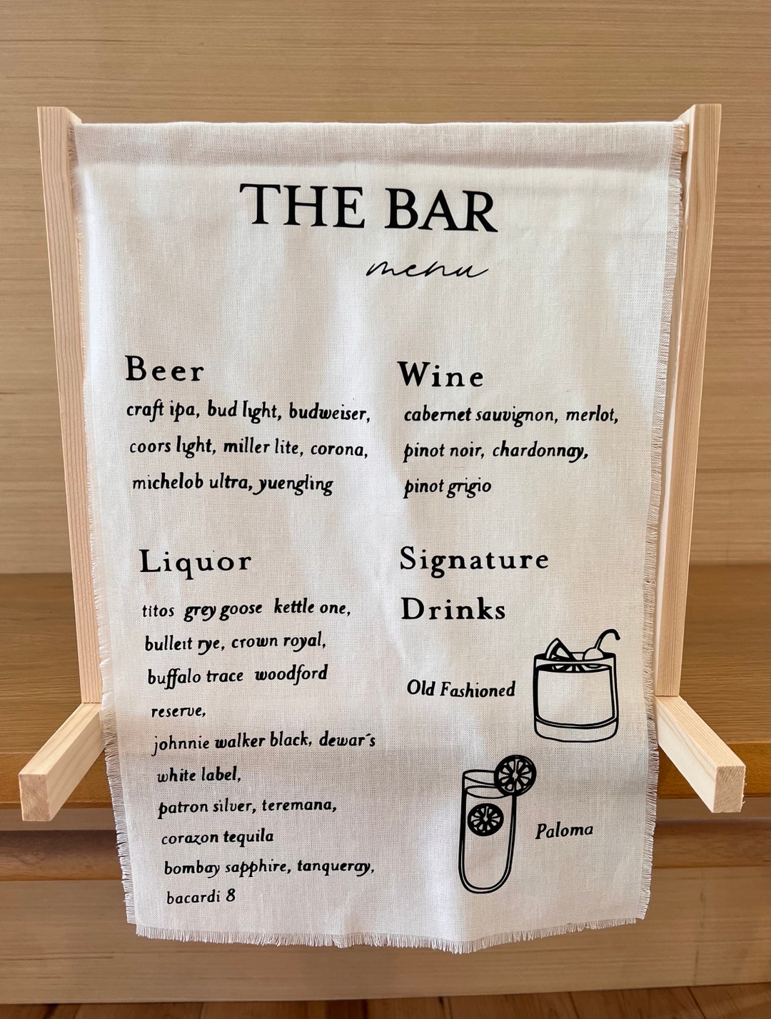 Linen Fabric Wedding Bar Sign With Signature Drink Illustration - Etsy