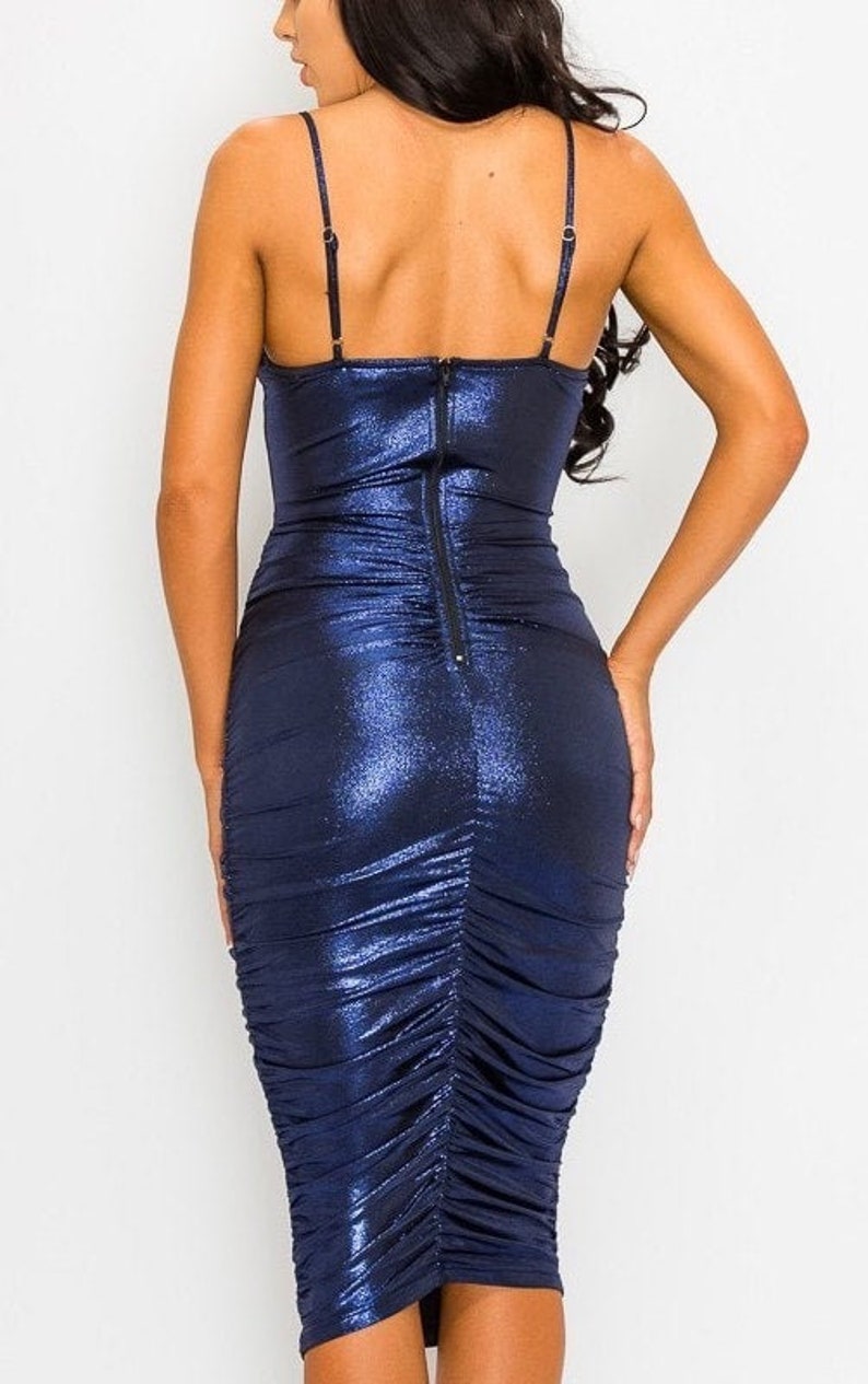Metallic Dress Blue Metallic Midi Satin Dress Metallic Midriff Ruched ...