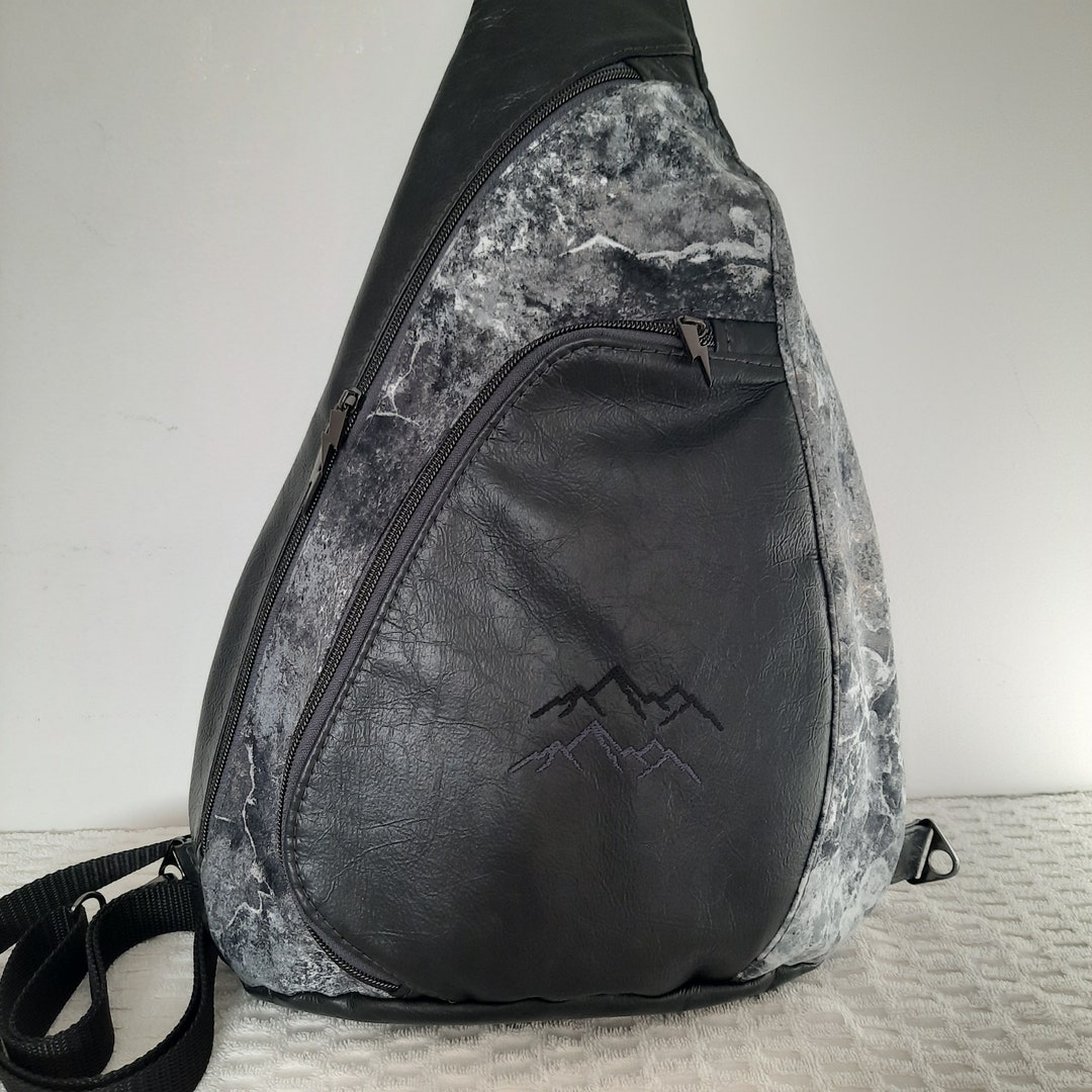 SLING BACKPACK Large, Granite Mountain Theme Sling Bag, VEGAN Black and ...