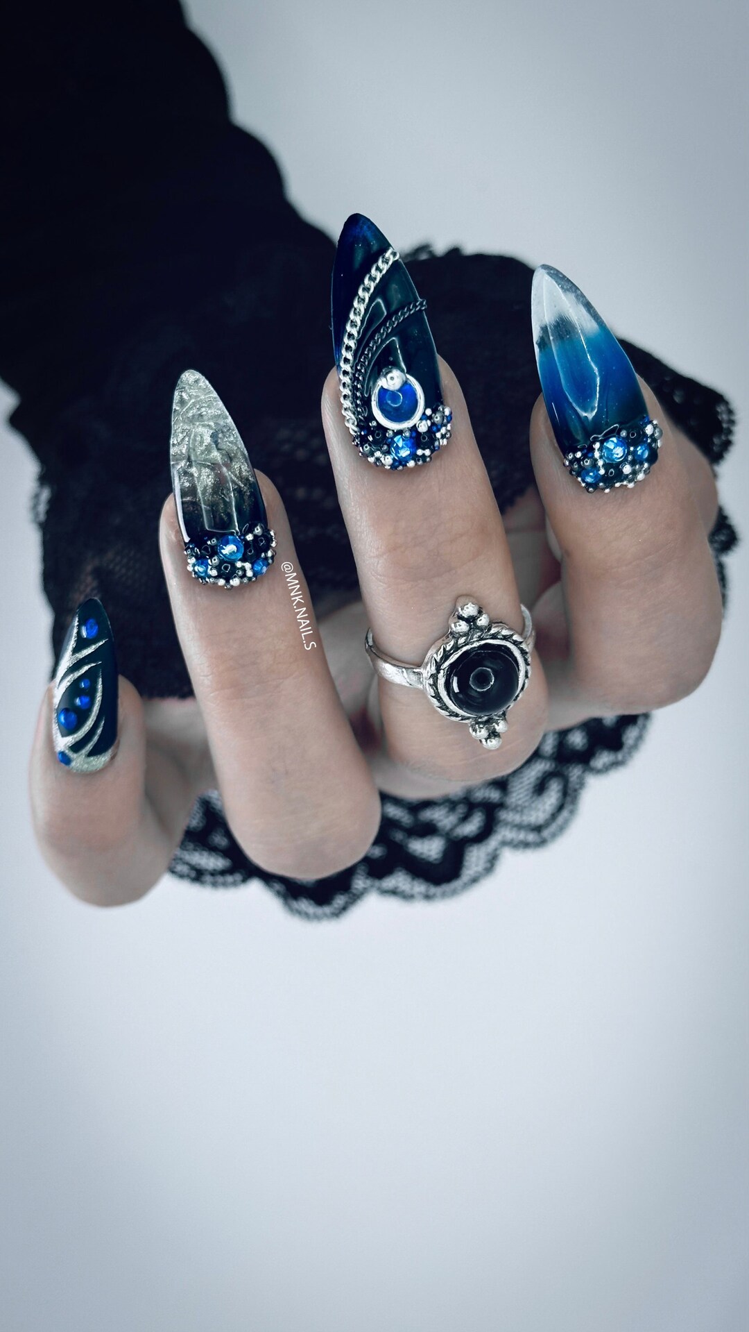Press on Nails BLUE GODDESS Winter Goth Silver Black Chained 3D Drops ...