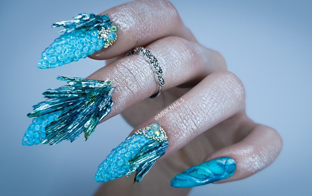 Press on Nails Turquoise Blue Mermaid Medusa Nail 3D Scales Fairy Waves ...