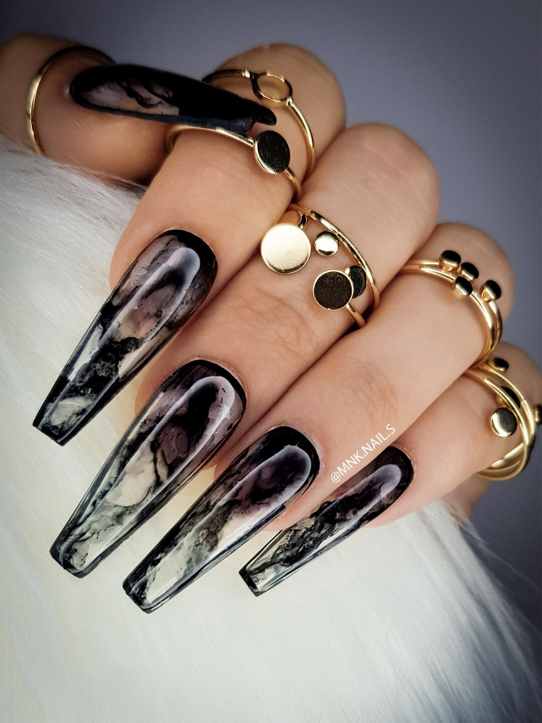 BLACK SMOKE MARBLE Press on Nails, Handmade Transparent Claws ...