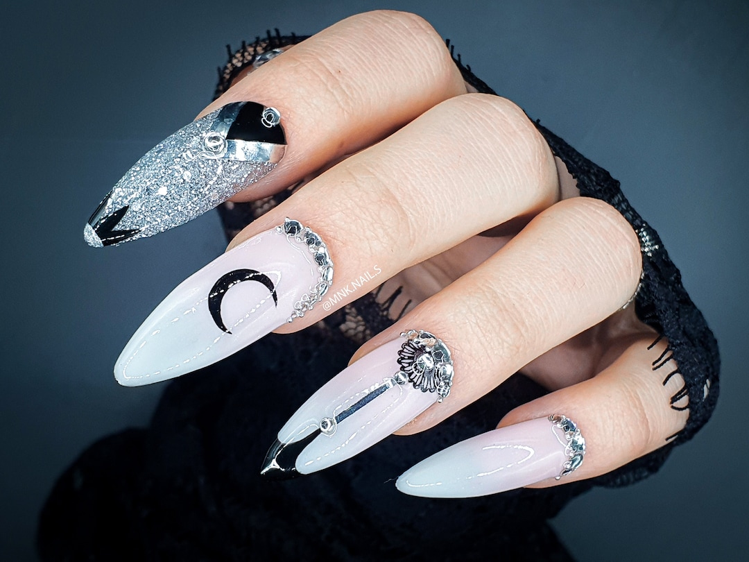Goth Handmade Custom Press on Nails, Babyboomer Black Silver Esoteric ...