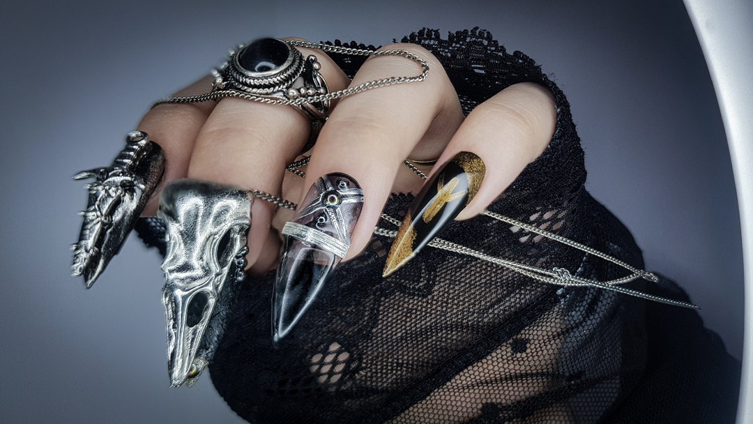 Viking Inspired Press on Nails, Witchy Black Silver Copper Nails, Bird ...