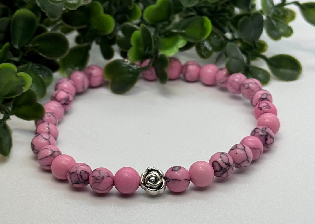 Pink Howlite Bead Stretch Bracelet With Silver Rose Bead (6mm) - Etsy