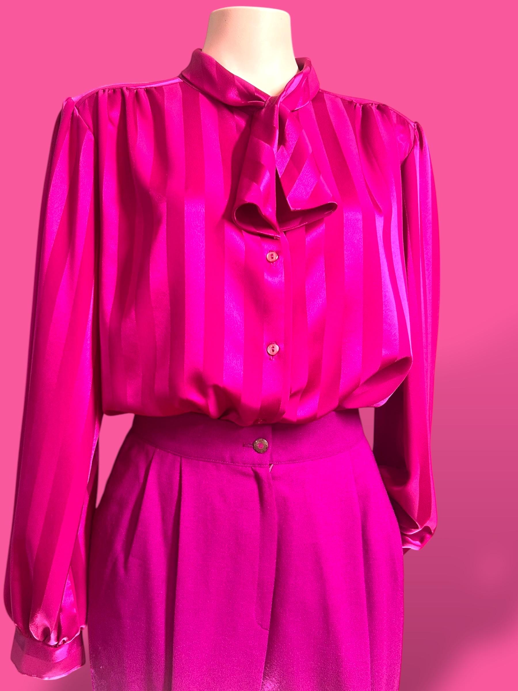 Vintage Blouses Hot Pink Stripes Neck Tie Detail Long Sleeve Flowy ...