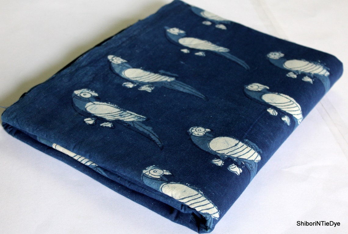 Indigo Bird Print Fabric Cotton Parrot Block Print Fabric, Hand Dyed ...