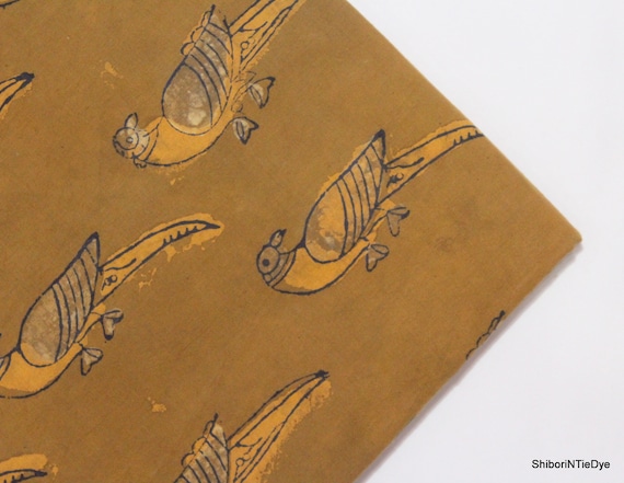 Bird Block Print Fabric 100% Cotton Indian Fabric Golden Hand | Etsy
