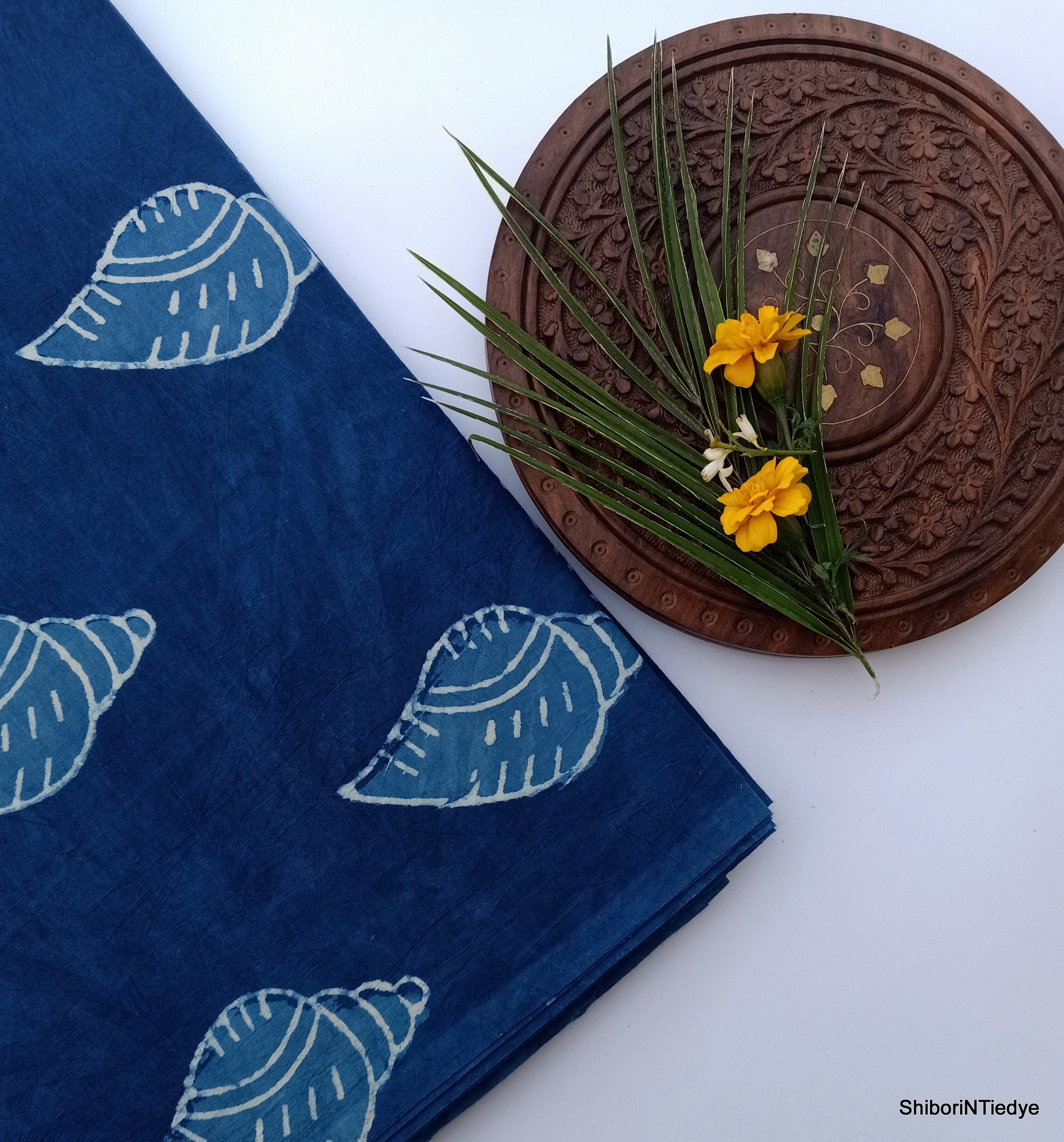 Shell Block Print Fabric Indigo Fabric Hand Printed Indian Fabric Woman ...