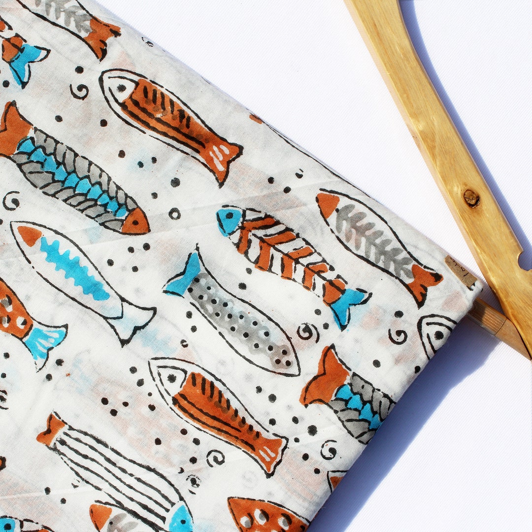 Fish Print Fabric by the Yard 100% Cotton Indian Fabric, Lightweight ...
