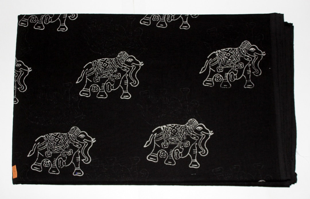 Elephant Print Cotton Fabric India Block Print Fabric Black Color ...