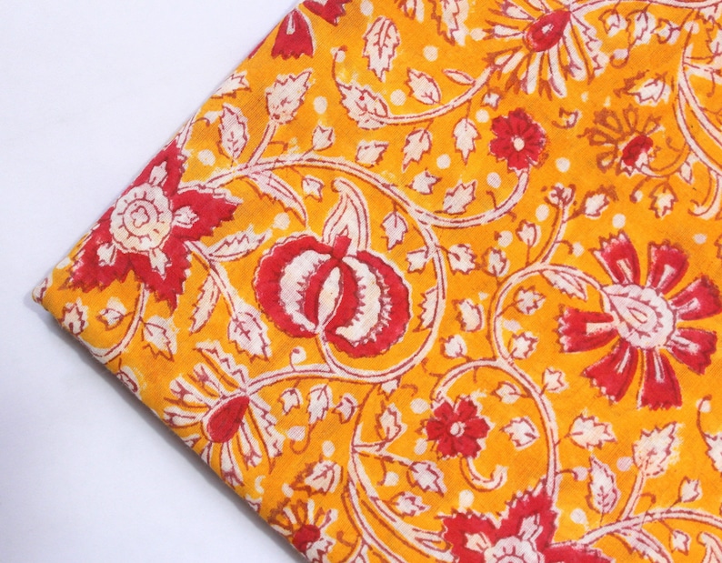 Cotton Fabric Yellow Red Print Fabric Hand Block Printed - Etsy