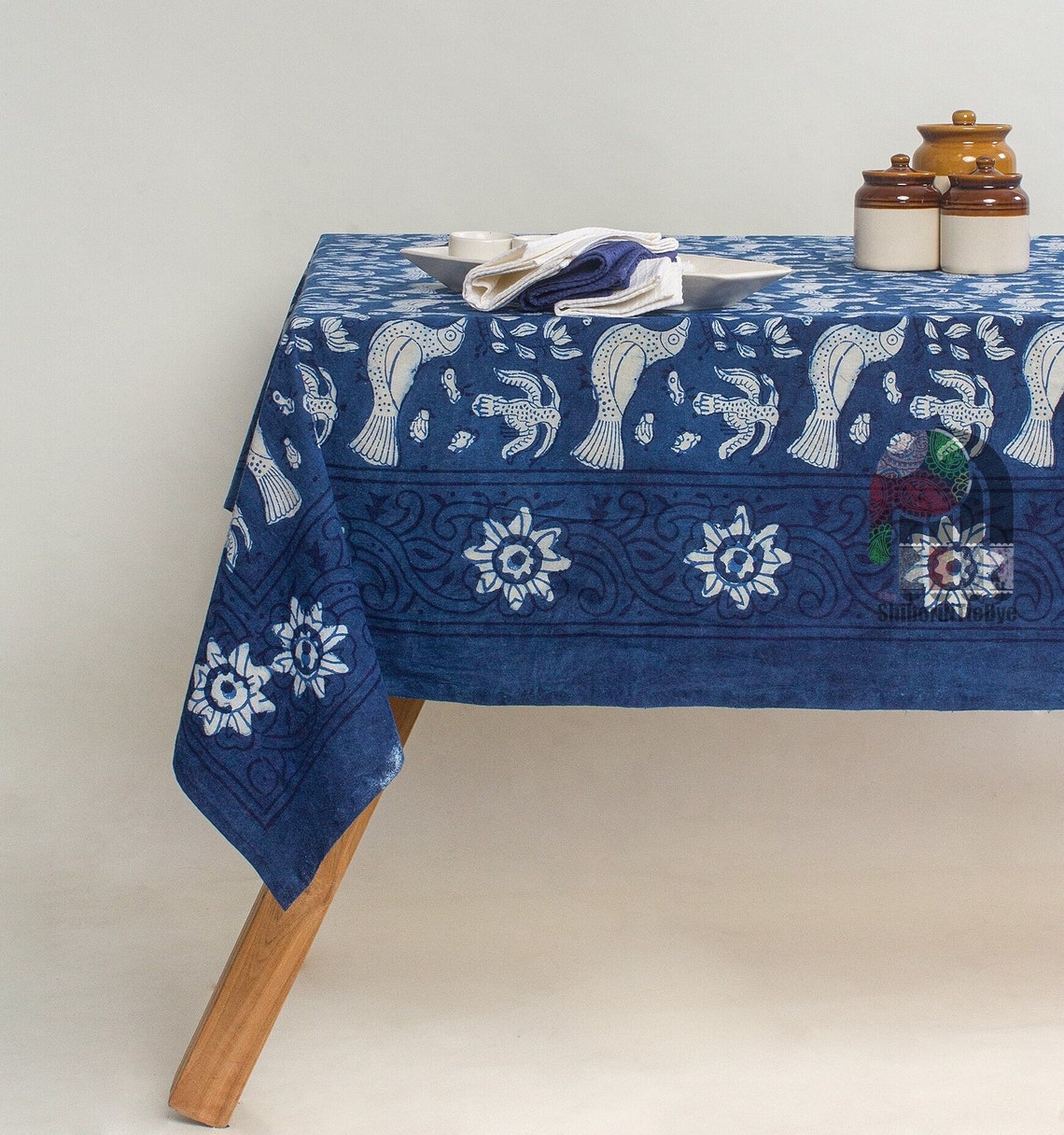 Indigo Fabric Bird Block Print Tablecloth Bird Hand Printed India ...