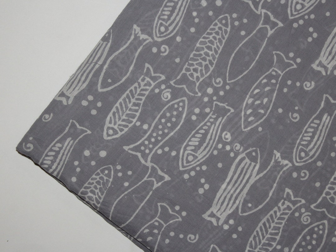 Fish Print Fabric Grey Fabric Hand Block Printed Indian Handmade Fabric ...