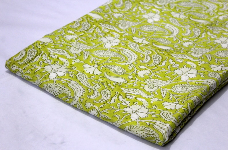 Green Fabric Paisley Print Fabric, Hand Block Printed Natural Vegetable ...