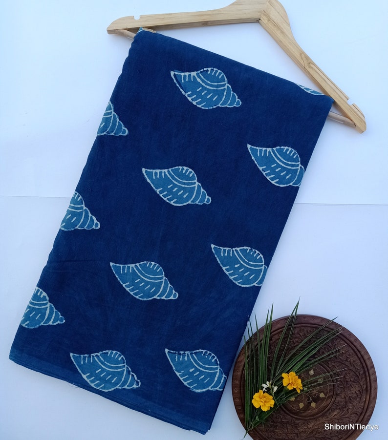 Shell Block Print Fabric Indigo Fabric Hand Printed Indian Fabric Woman ...